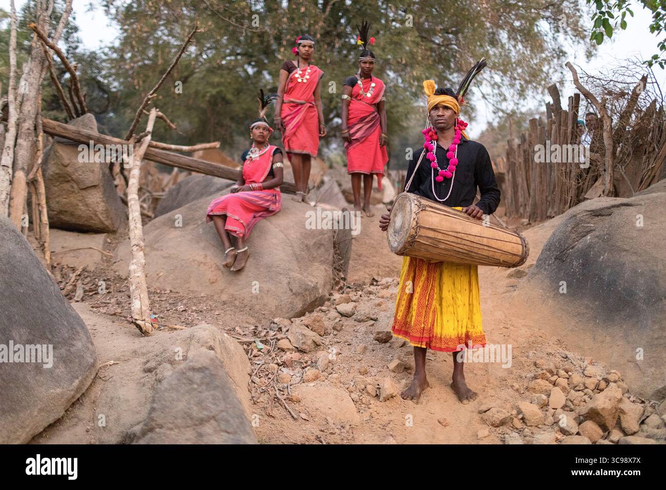 Villagers from Jungle Maria tribe in beautiful traditional costumes ...