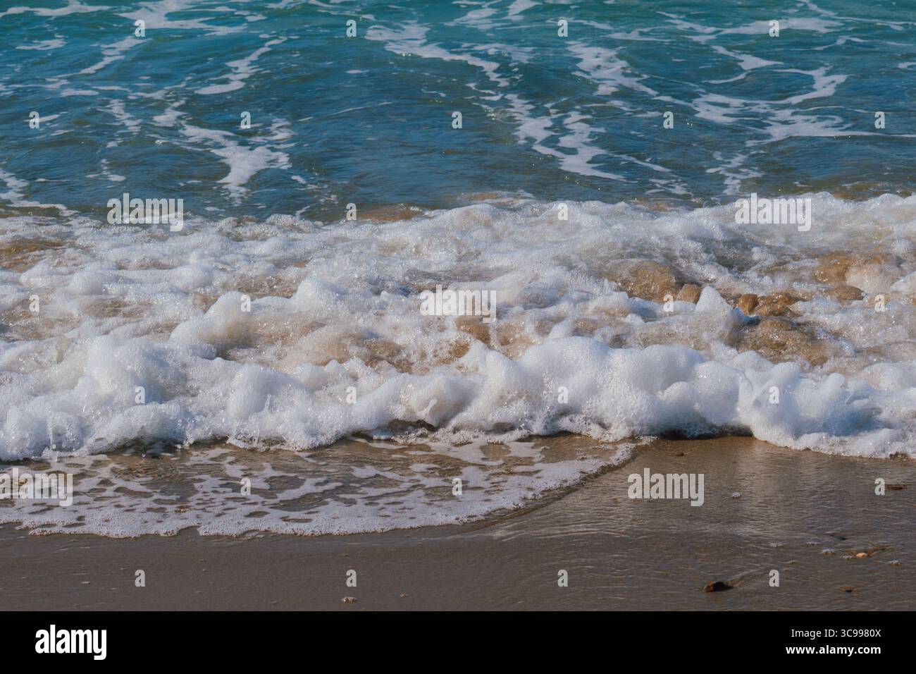 Moment when sea waves roll onto sandy beach creating white foam ...