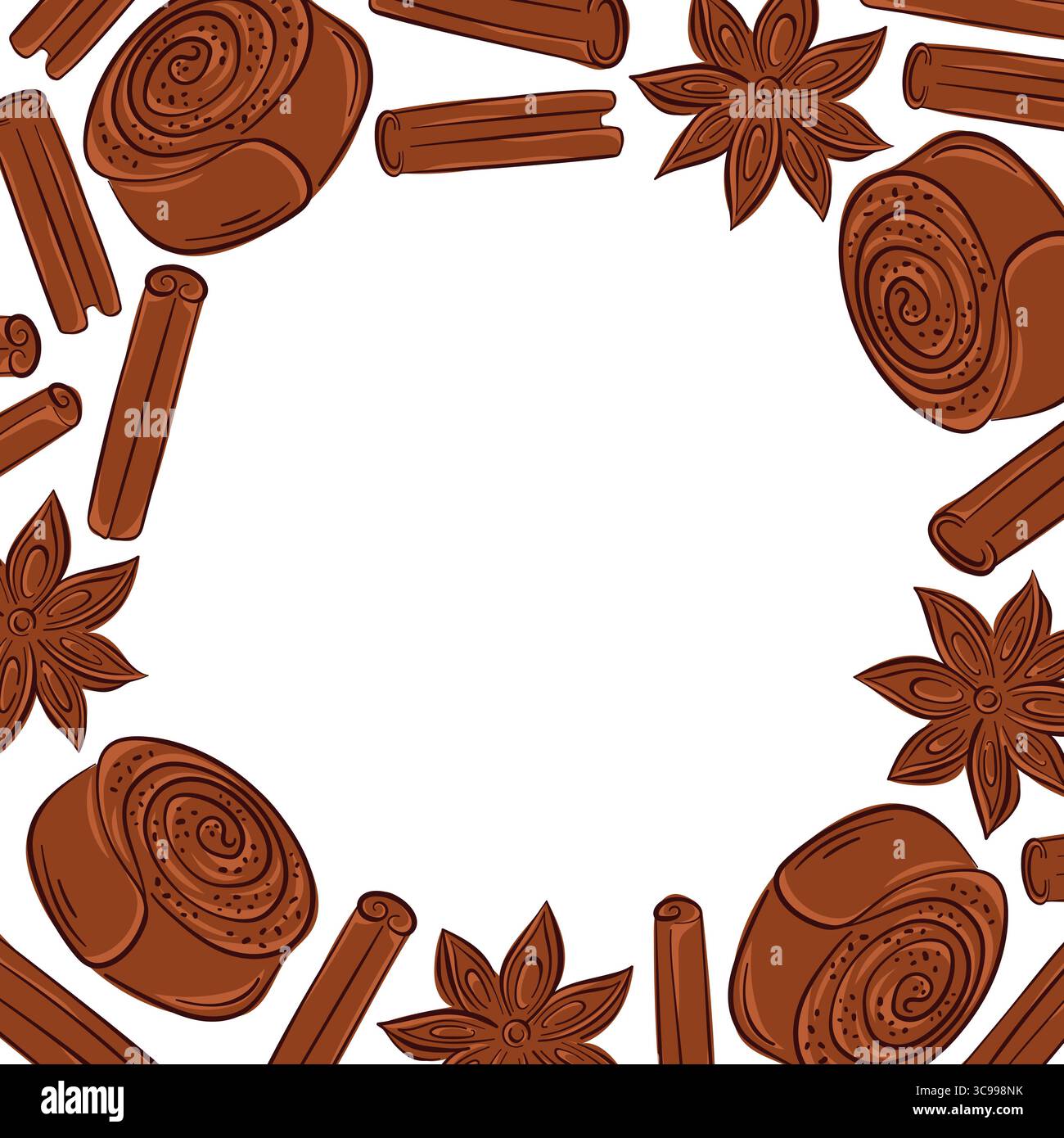 Flat style cinnamon sticks, bun and star anise border frame isolated on ...