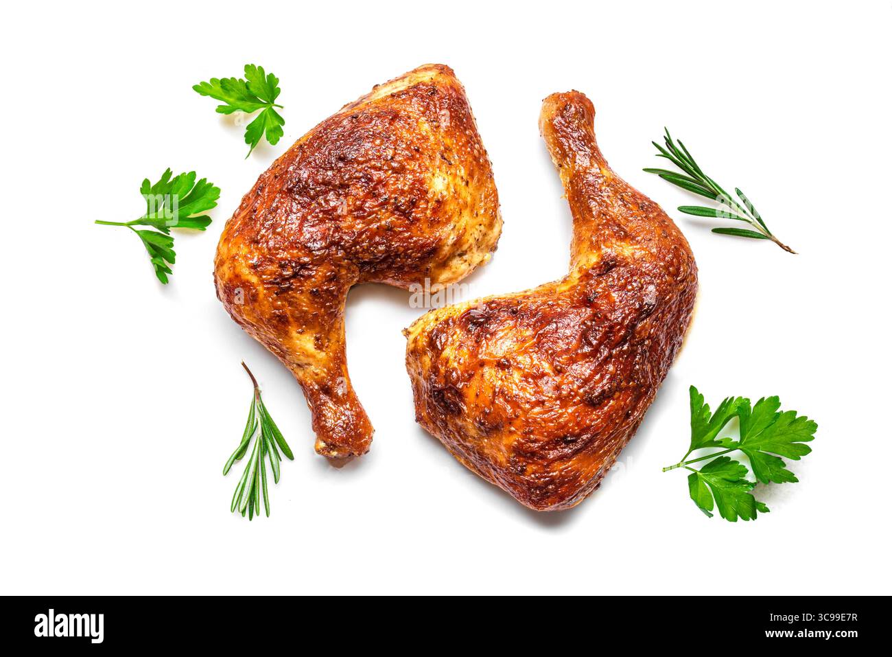 Roasted chicken quarter isolated on white background, top view, design ...
