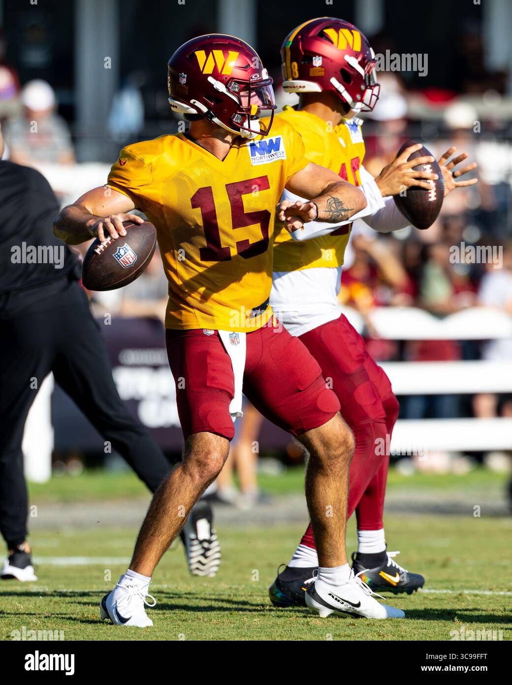 Ashburn,VA. USA; Washington Commanders quarterback Sam Hartman (15 ...
