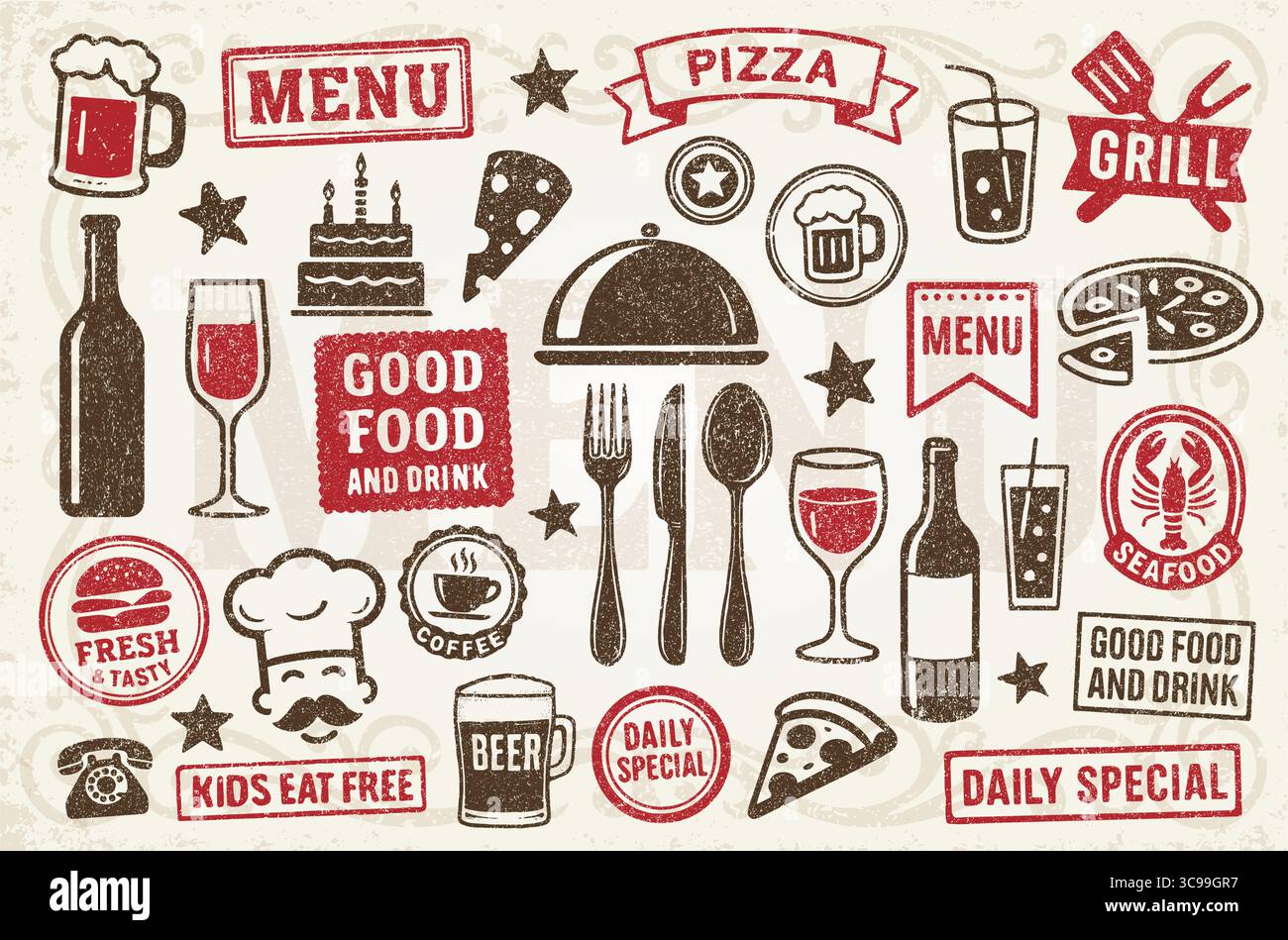 Vintage style restaurant icon set in grunge ink stamp texture. Includes ...