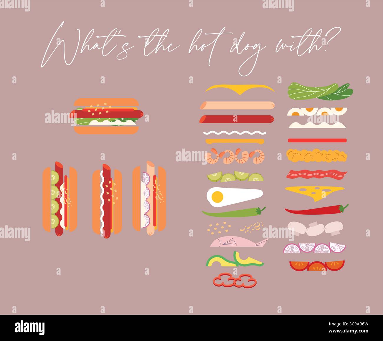 Hot dog with illustrated ingredients and inscriptions set drawing in ...