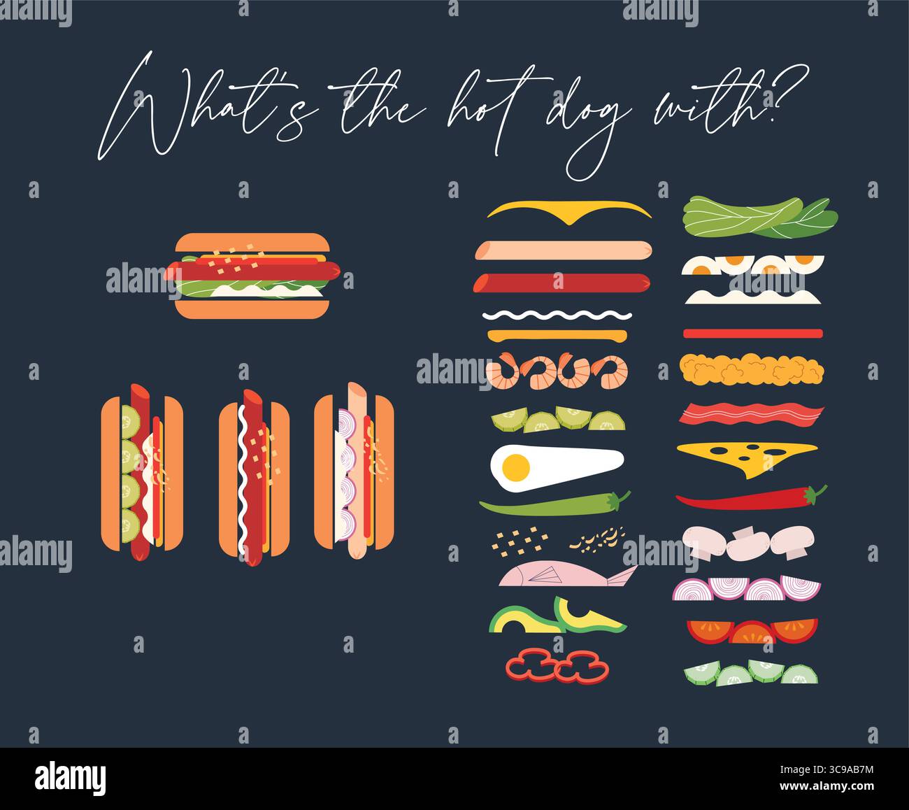 Hot dog with illustrated ingredients and inscriptions set drawing in ...