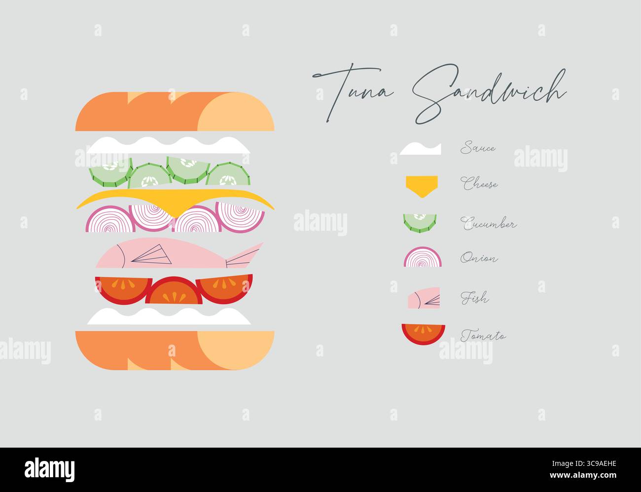 Sandwich tuna with illustrated ingredients and inscriptions drawing in ...