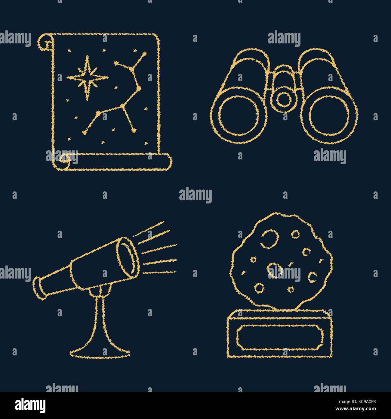 Golden sketch icons of a planetary model, a star cluster sphere, a ...