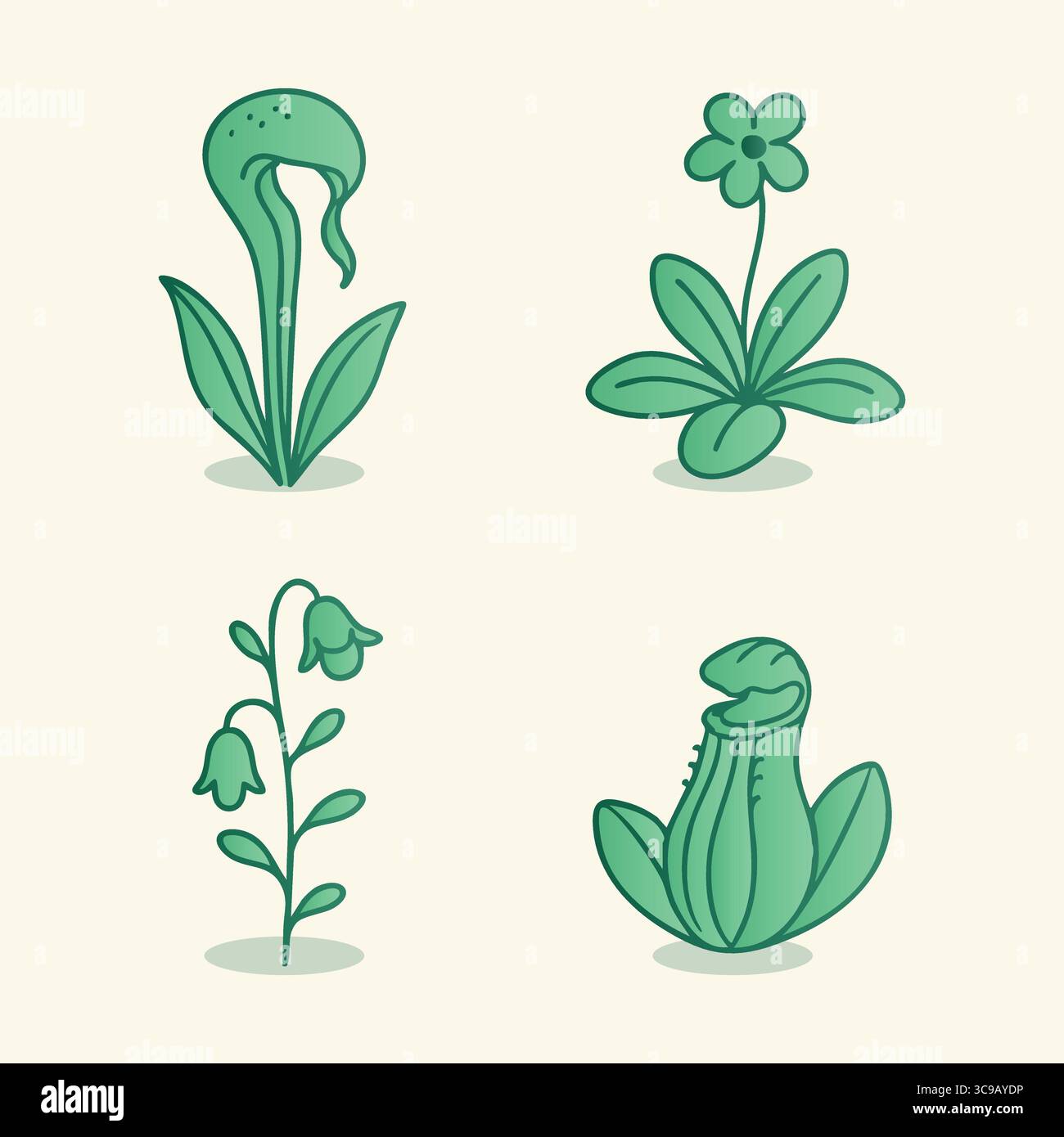 Six green silhouette icons of a lily pad plant, a four-leaf clover, a ...