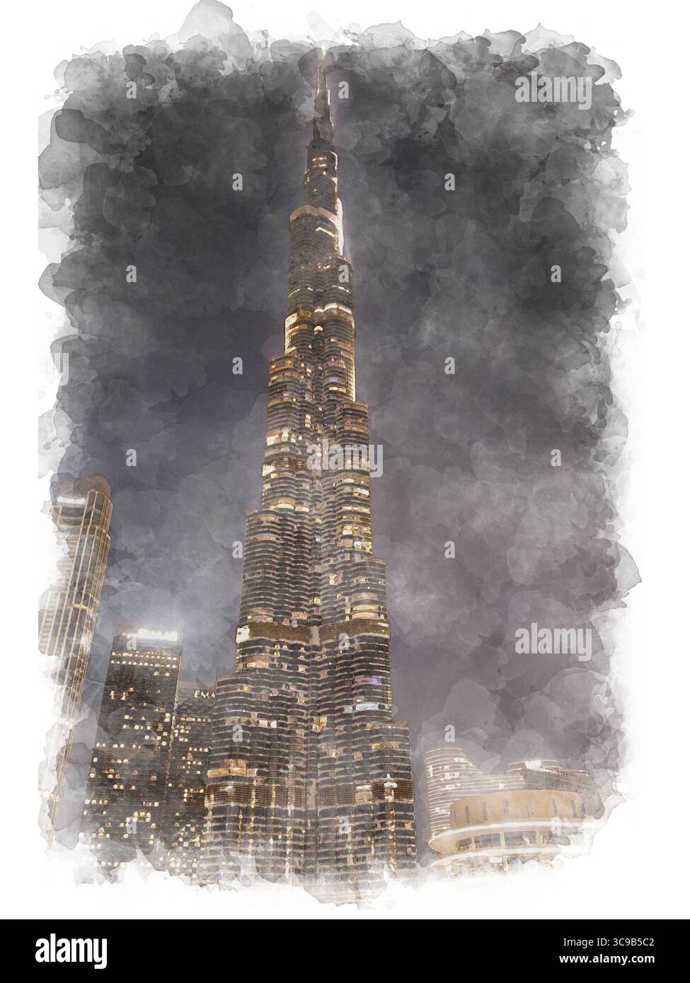 Burj Khalifa in Dubai. Night view. Digital watercolor illustration on ...