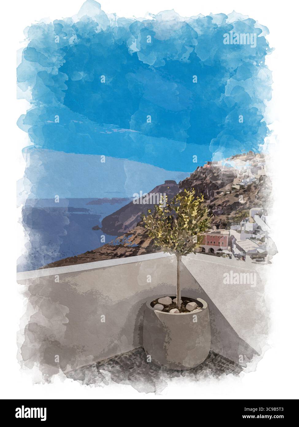 Olive tree in a pot on a balcony in Santorini with a fantastic view of ...