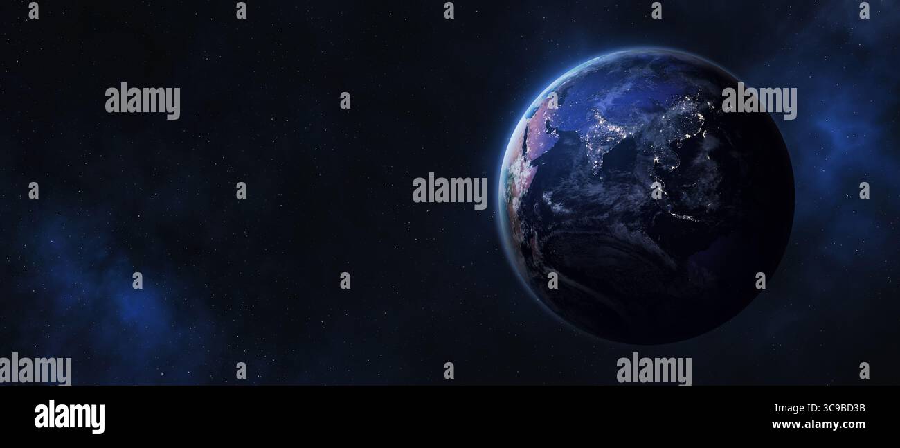 Earth planet. Panoramic view of the Earth, stars and galaxy. Middle ...