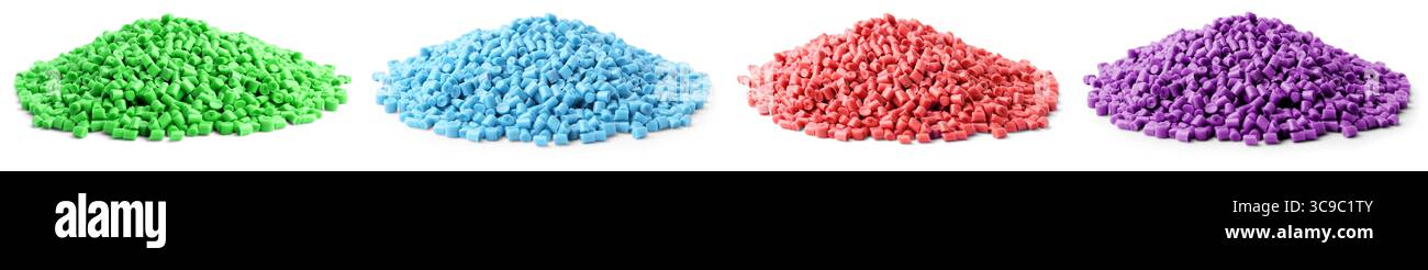 Plastic granules in different colors. Piles on white background, set ...