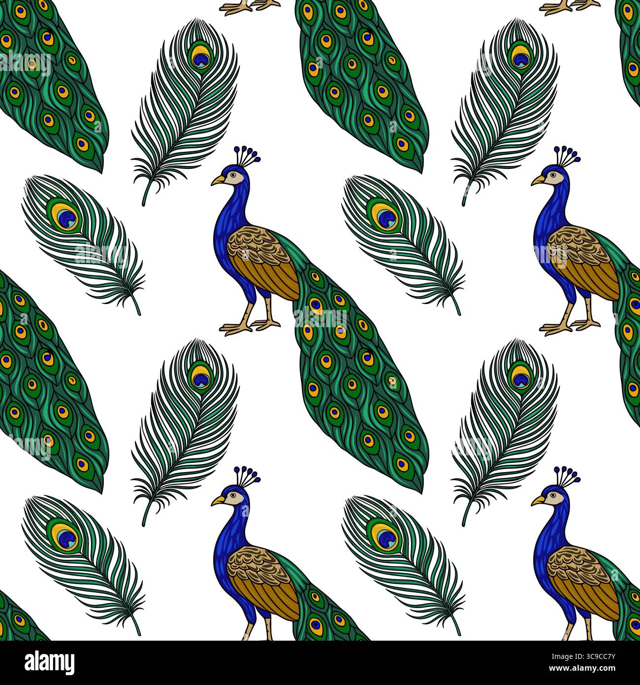 Seamless vector pattern featuring vibrant peacocks and detailed ...