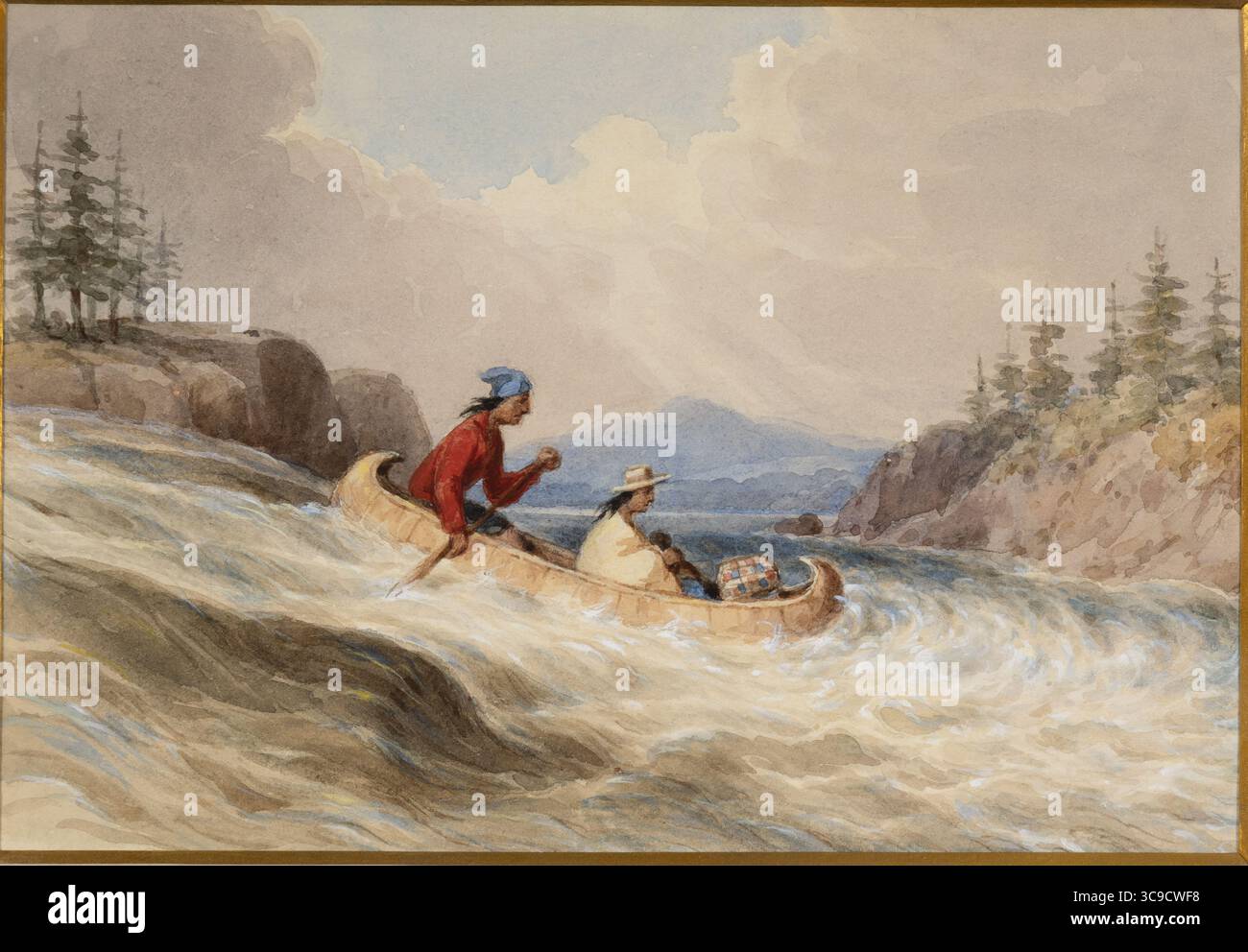 Native family going down the rapids in canoe. Archive canadian ...