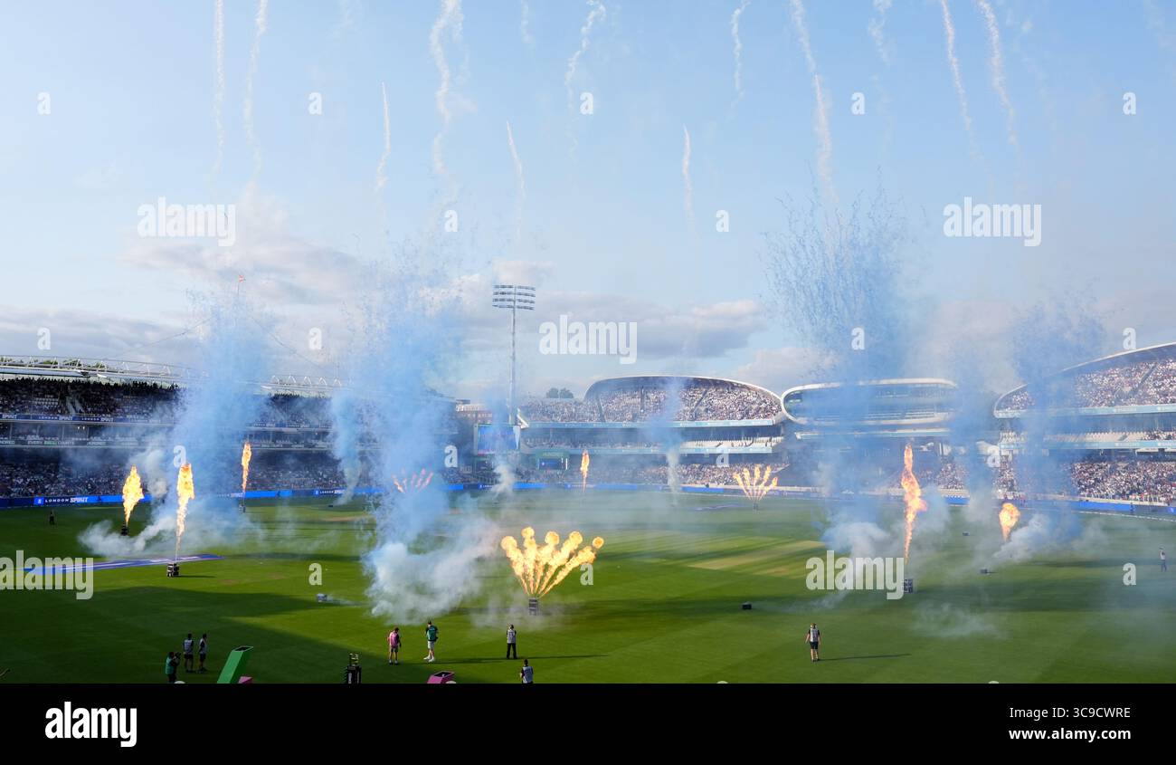 Fireworks are set off at the start of the Hundred Men's match at Lord's ...