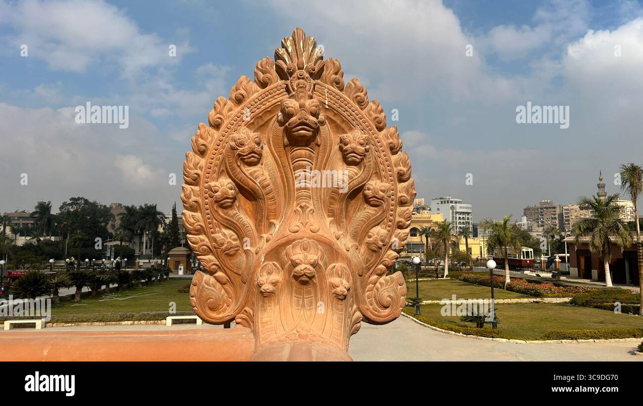 Close-up of a snake statue on the terrace of the historic Baron Empain ...