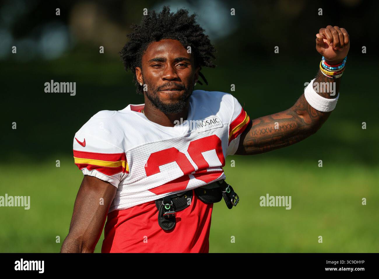 August 5, 2025: Kansas City Chiefs cornerback Kevin Knowles (38) waves to fans during training ...
