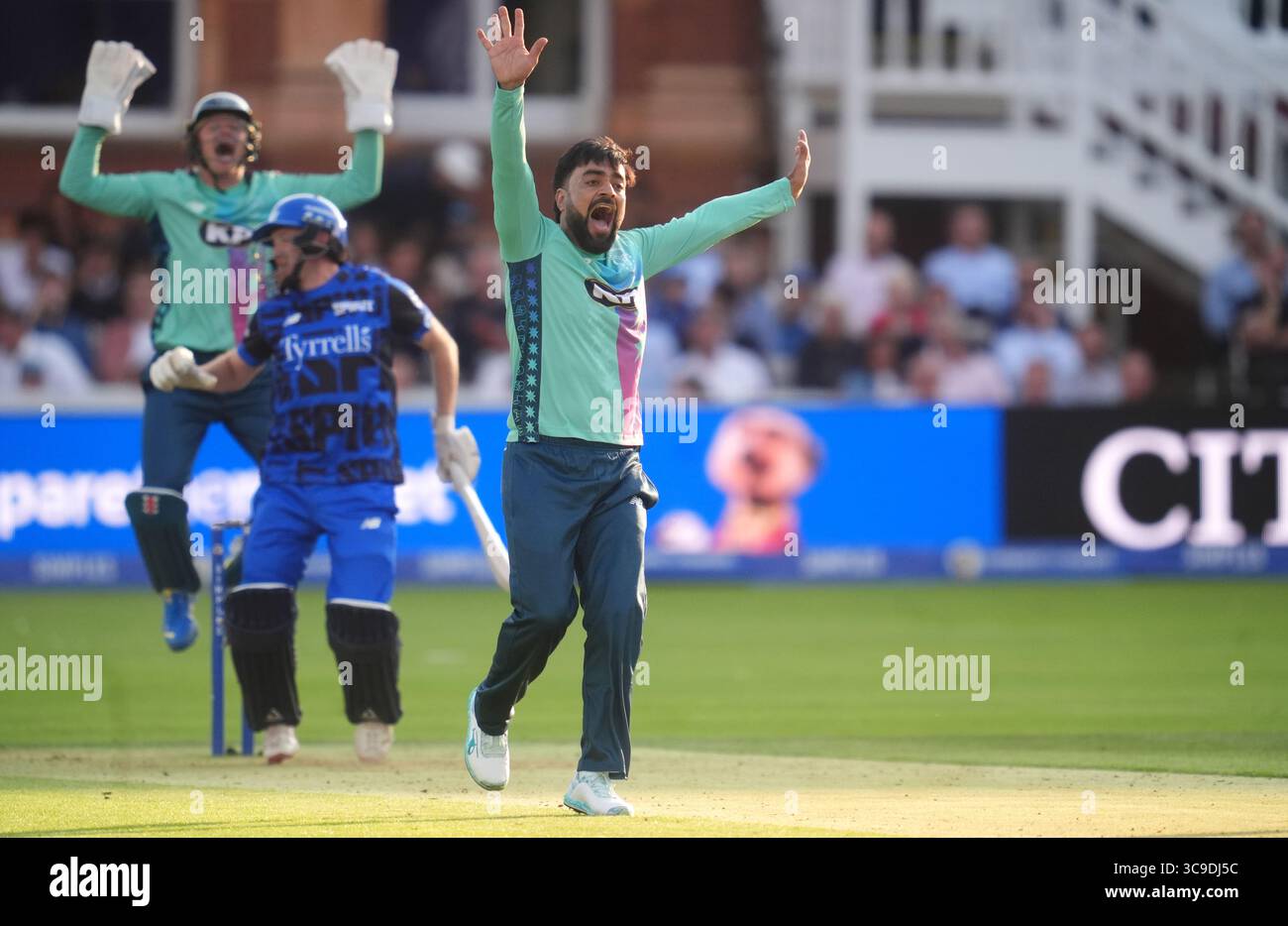 Oval Invincibles' Rashid Khan celebrates taking the wicket of London ...