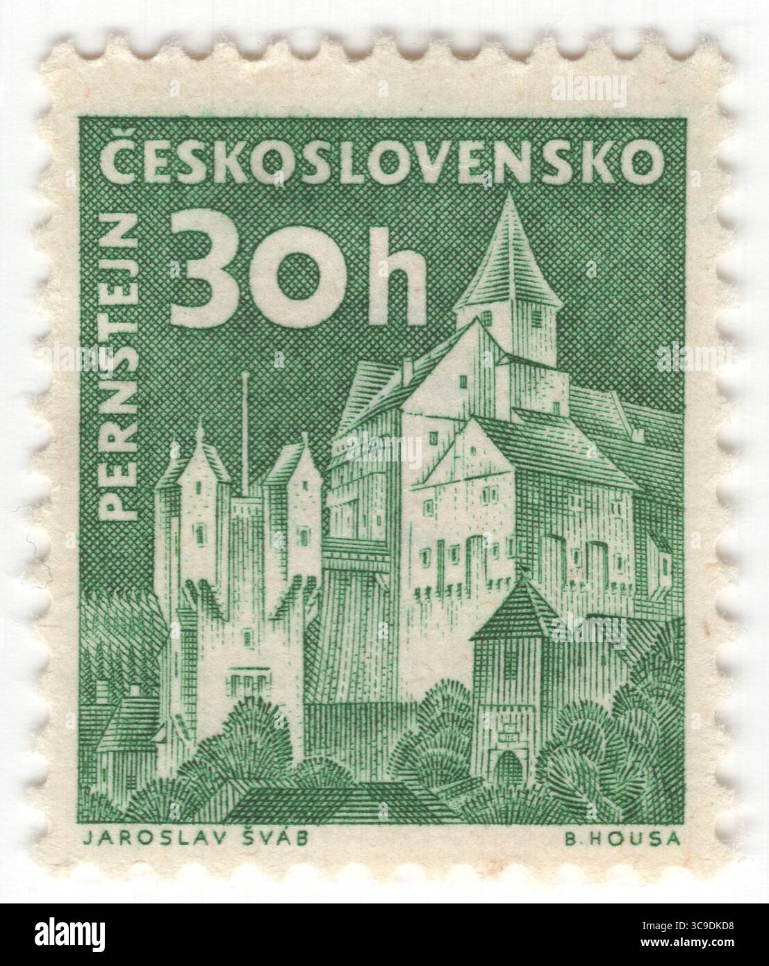 CZECHOSLOVAKIA - 1960: 30 haléř green postage stamp depicting view of ...
