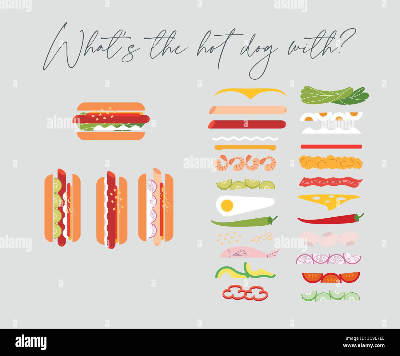 Hot dog with illustrated ingredients and inscriptions set drawing in ...