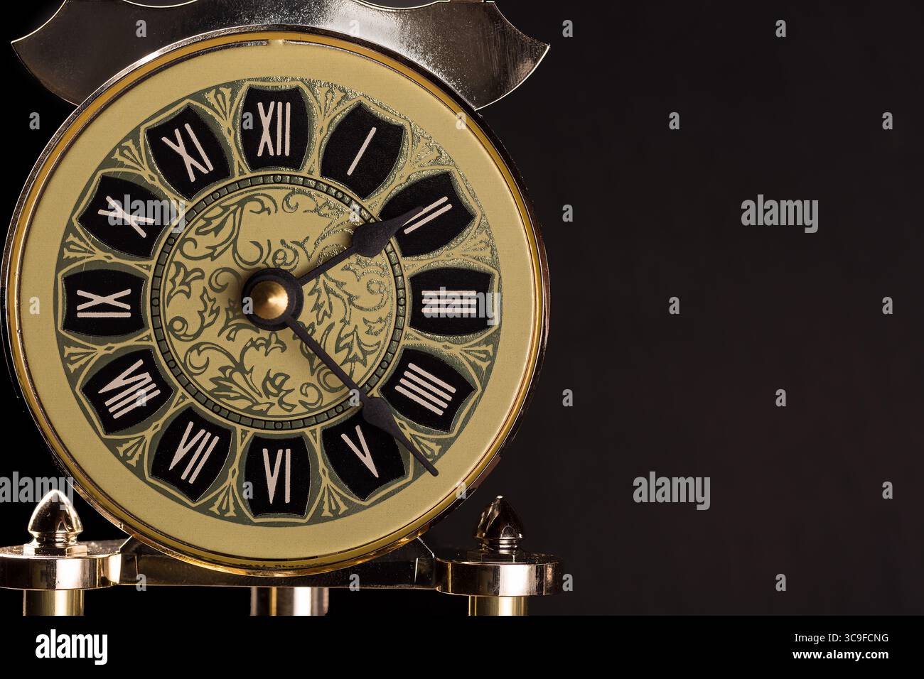 Vintage Look Clock close up on black background with free space Stock ...