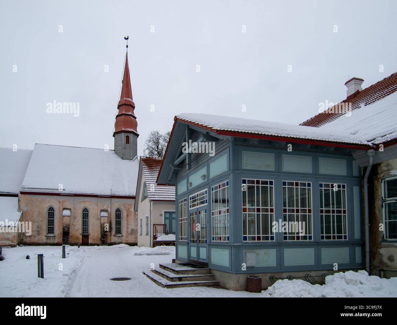 Winter view of Palamuse museum complex and Lutheran church, filming ...