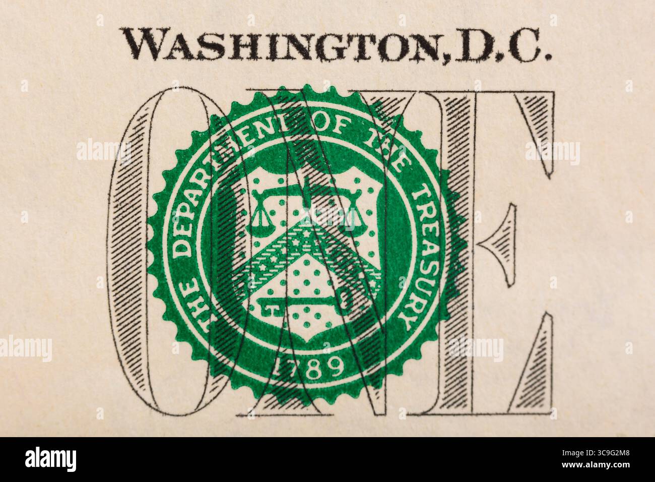 Stamp of the Department of The Treasury on US one dollar bill closeup ...