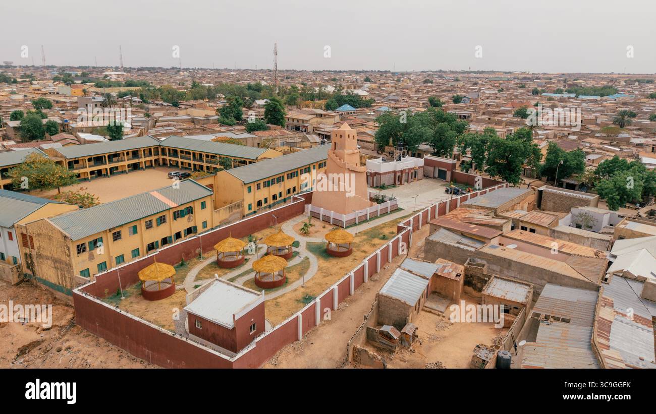 Aerial view of a serene school complex with symmetrical buildings and a ...