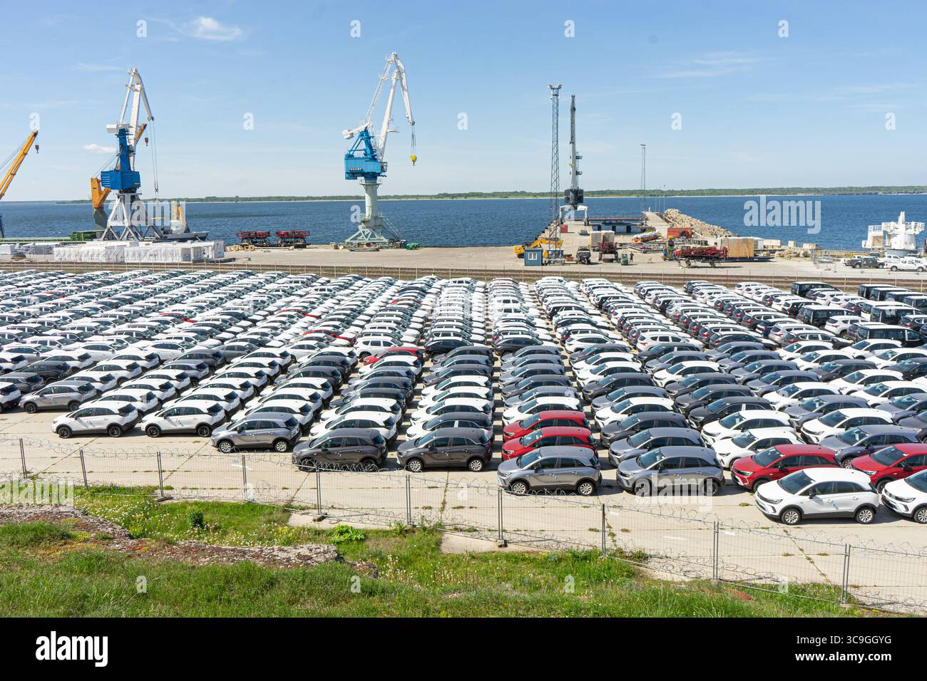 Rows of new cars lined up at a coastal shipping port with towering ...