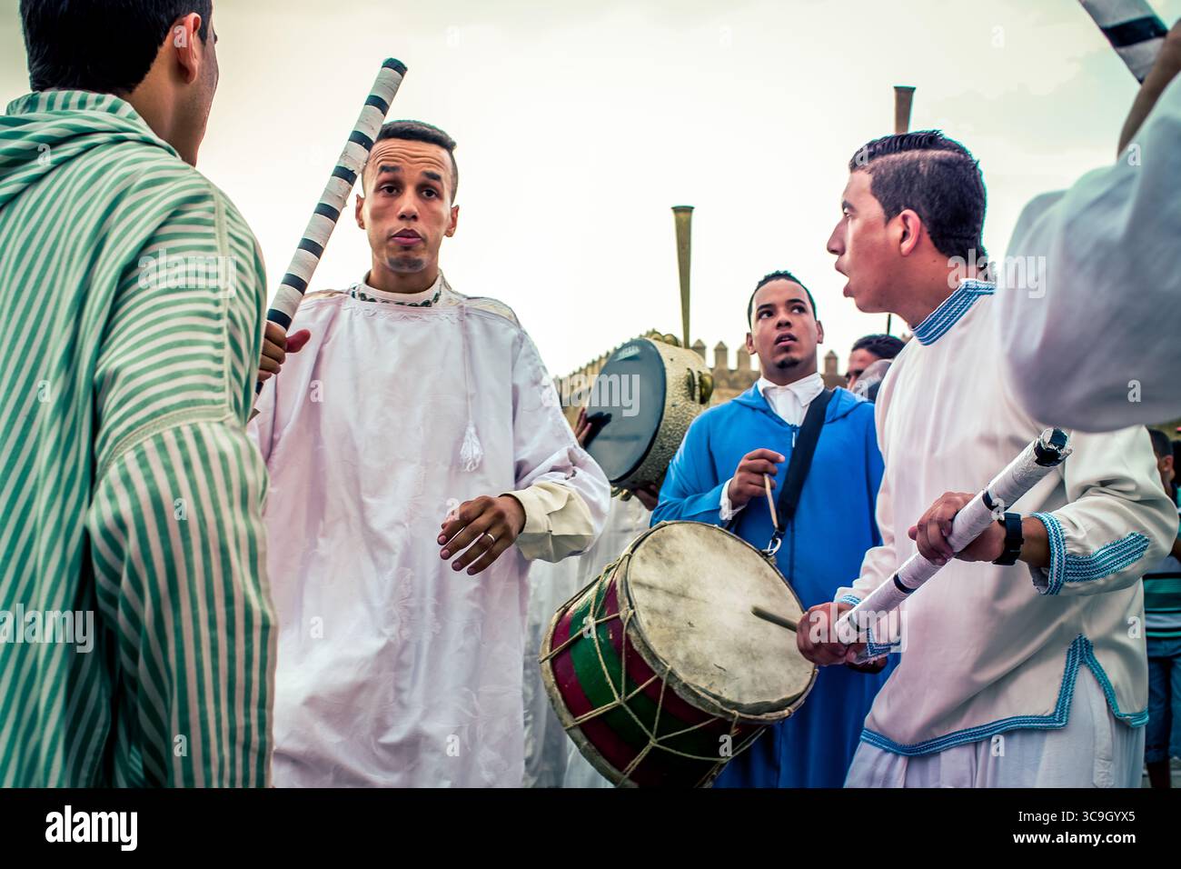 Traditional cultural Gnawa music scenes from around the Souk markets of ...