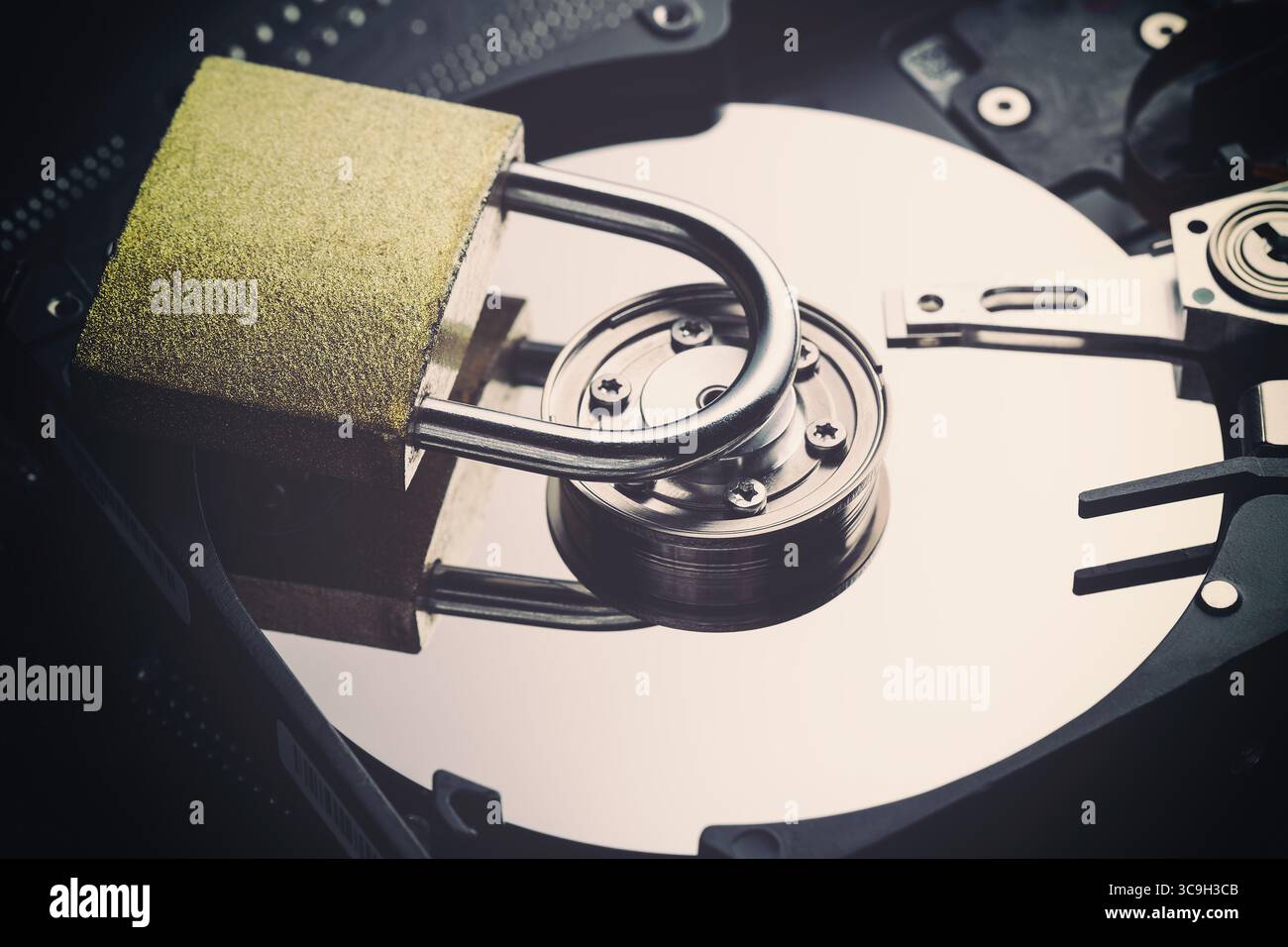 Hard disk drive plate with a padlock on it. Internet data privacy ...