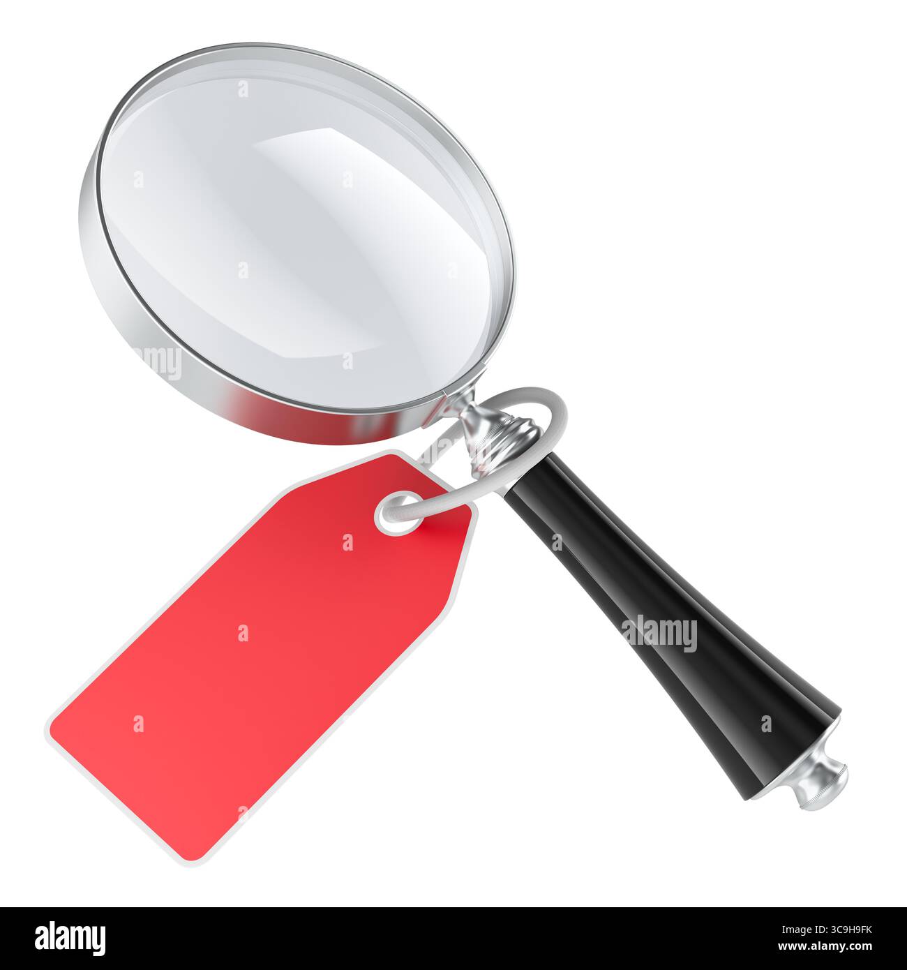 Magnifying glass with red tag. 3D rendering isolated on white ...