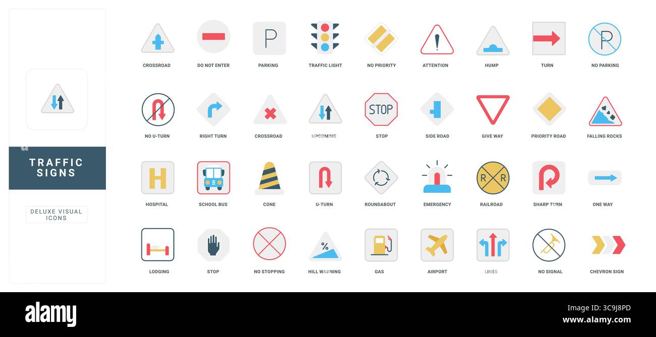 Comprehensive set of flat style traffic signs with labeled titles ...