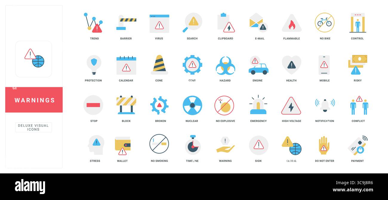 Collection of flat style warning icons representing hazards, alerts ...