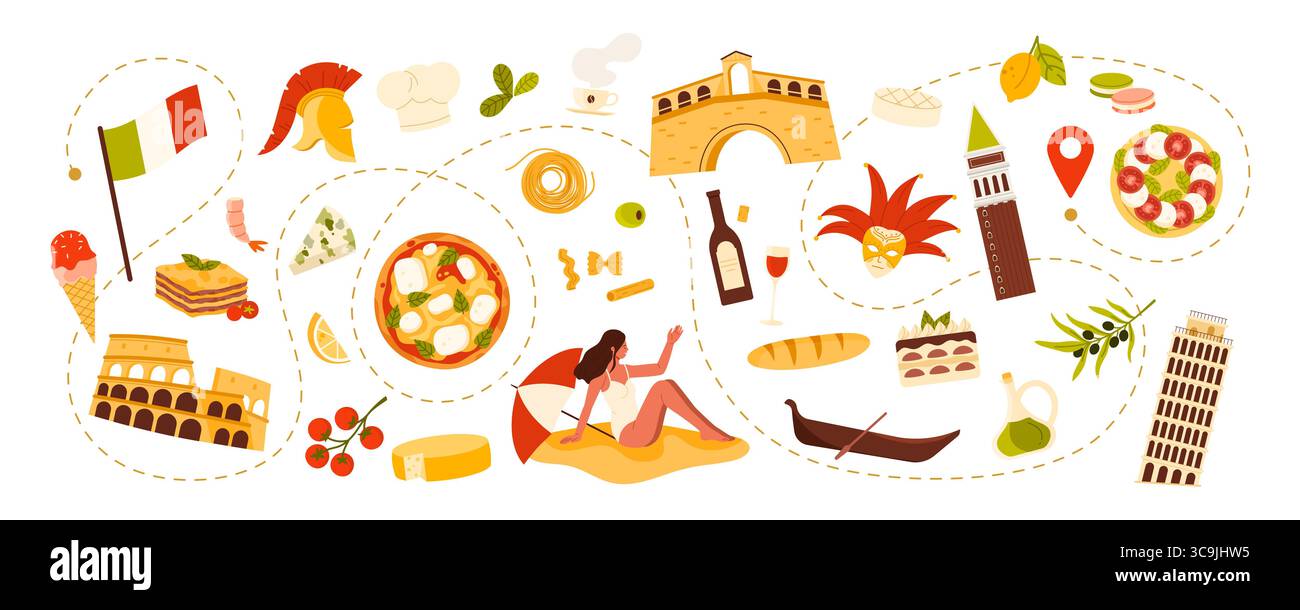 Travel to Italy, Italian culture elements and heritage architecture, food and beach holiday on ...