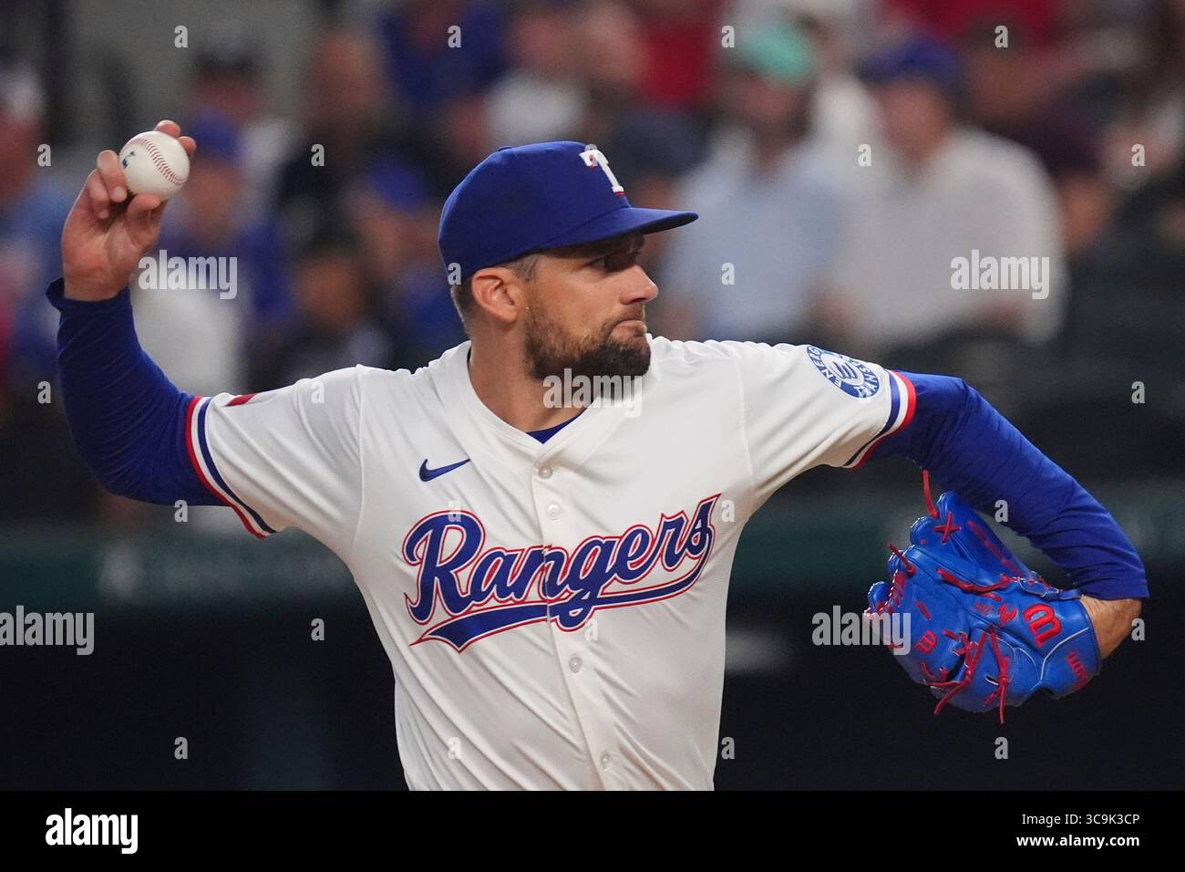 Texas Rangers starting pitcher Nathan Eovaldi throws during the first ...