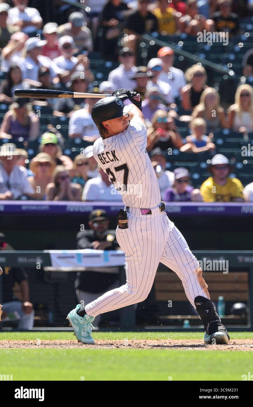 Colorado Rockies outfielder Jordan Beck (27) swings at the pitch in an ...