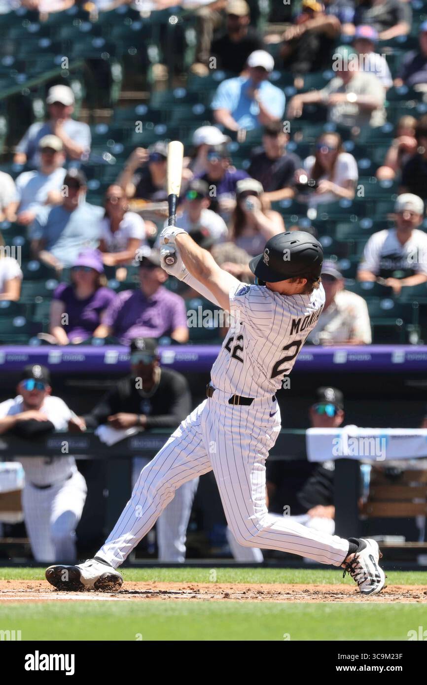 Colorado Rockies outfielder Mickey Moniak (22) swings at the pitch in ...