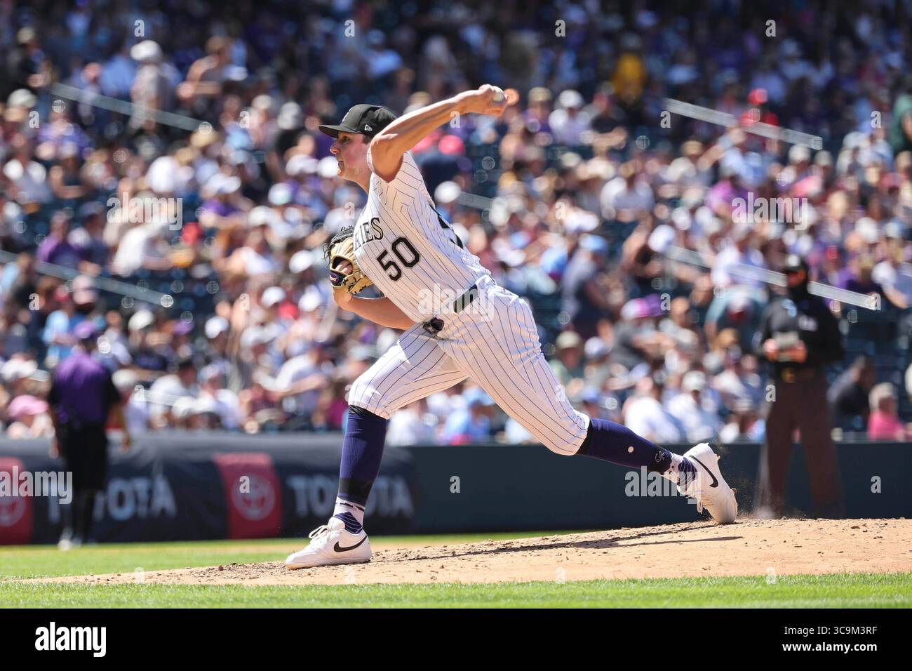 Colorado Rockies pitcher Ryan Rolison (50) throws the ball in an MLB ...