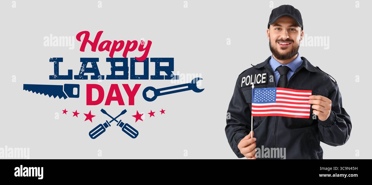 Greeting banner for USA Labor Day with police officer holding American ...