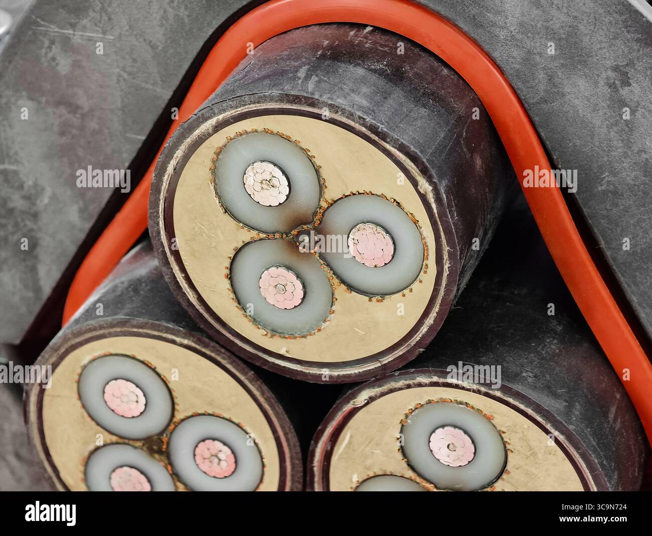 Intricate cross section of a power electric cable revealing layers of ...