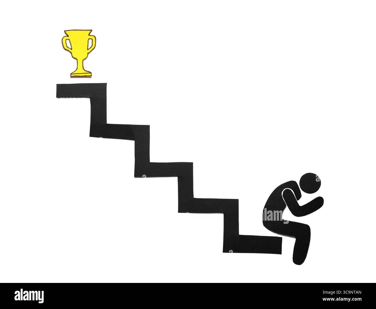 Sad paper human figure with steps and gold cup on white background ...