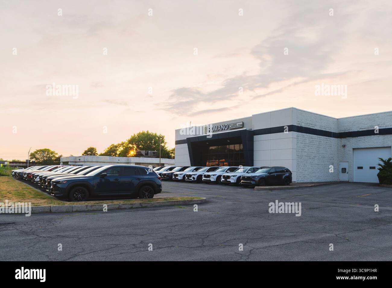 Dewitt, NY - Jul 30, 3035: Ultra-wide view of Romano Auto Dealerships ...