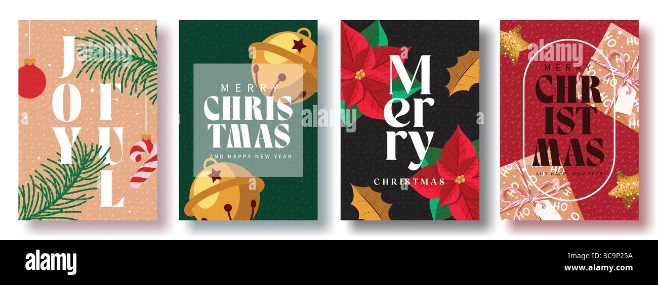 Christmas Vector Poster Set with Joyful Text, Bells, Poinsettia, Holly ...