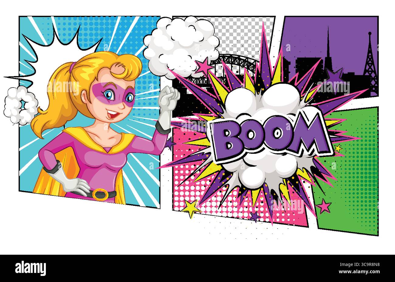 Blonde female superhero in pink and yellow costume with mask, comic ...