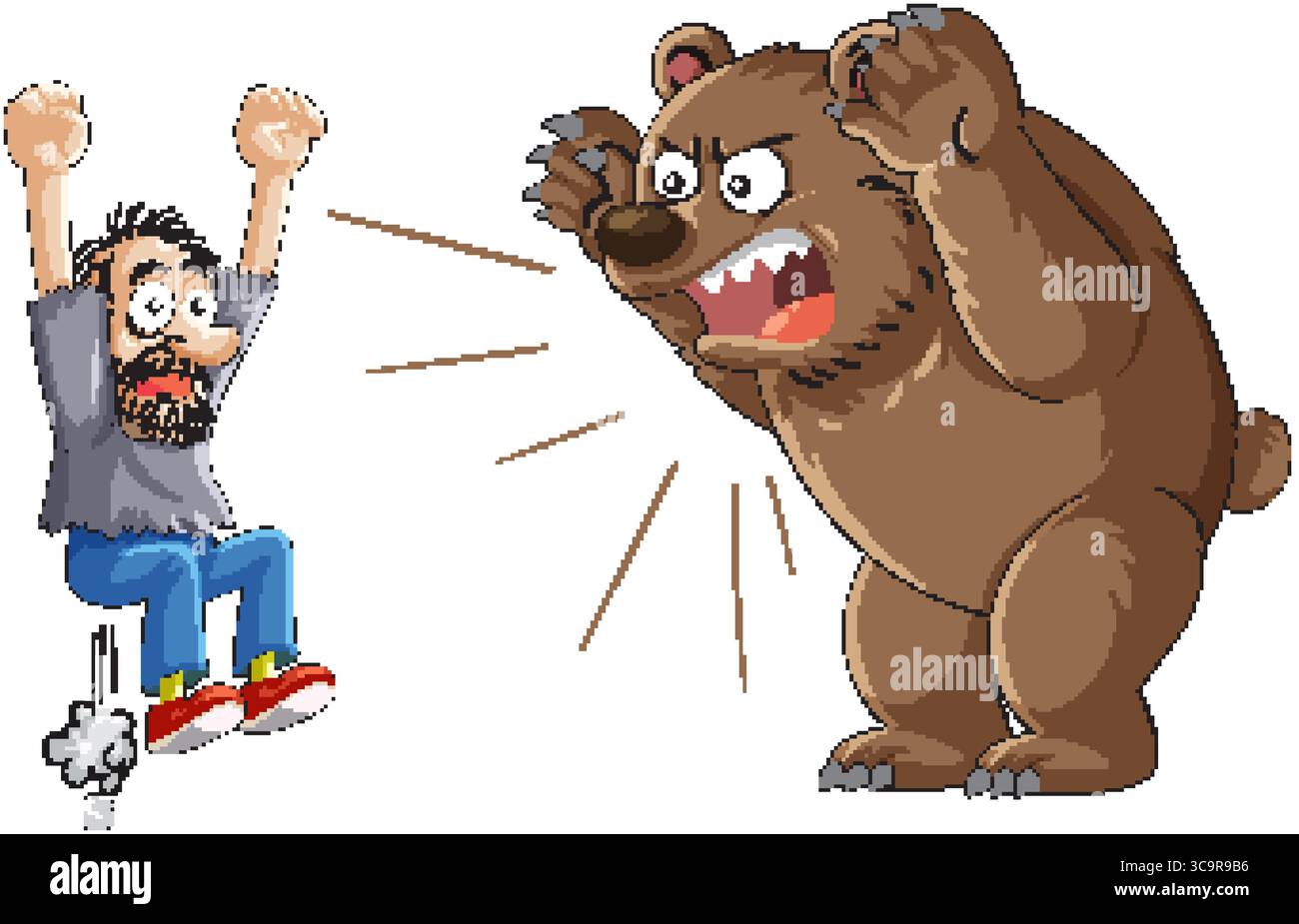 Cartoon vector illustration of a scared man leaping in fear as a large ...