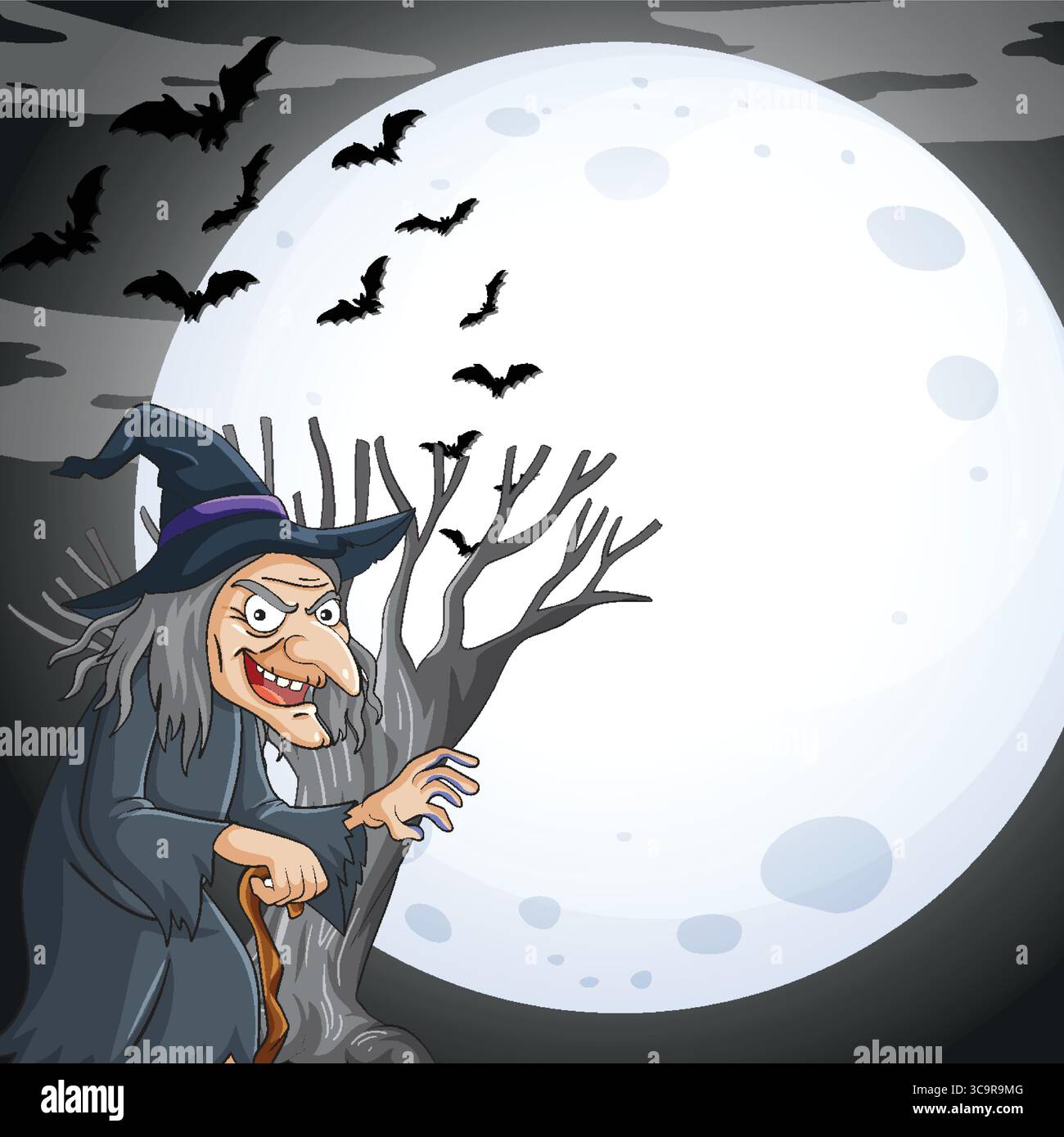 Vector illustration of a sinister witch with a cane, gnarled tree, and ...