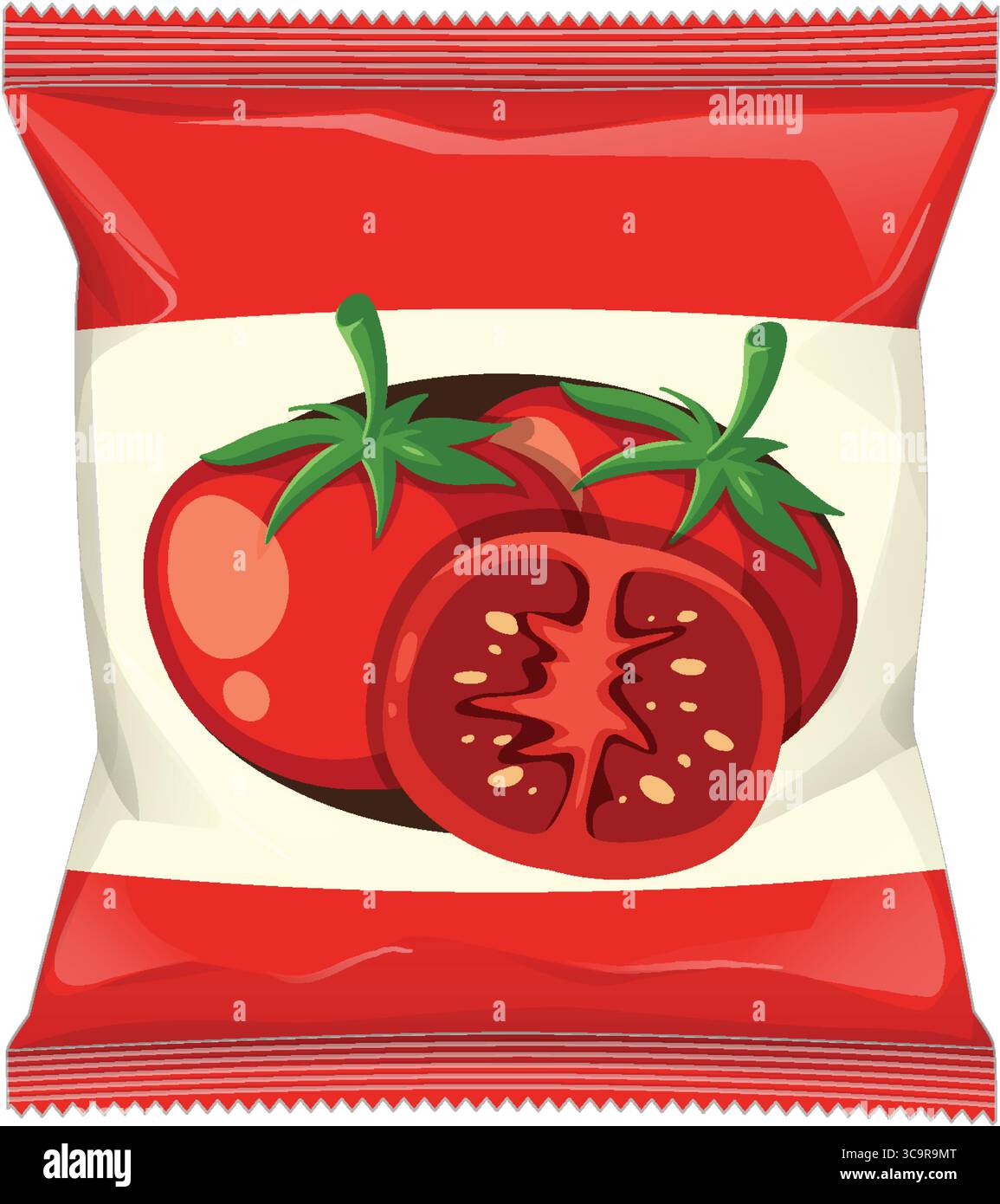 Vector illustration of a red snack packet with tomatoes, flat design ...