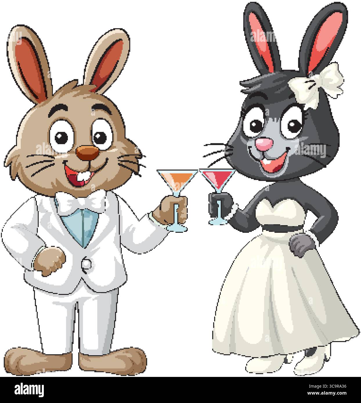 Two anthropomorphic rabbits in tuxedo and dress clink cocktail glasses ...