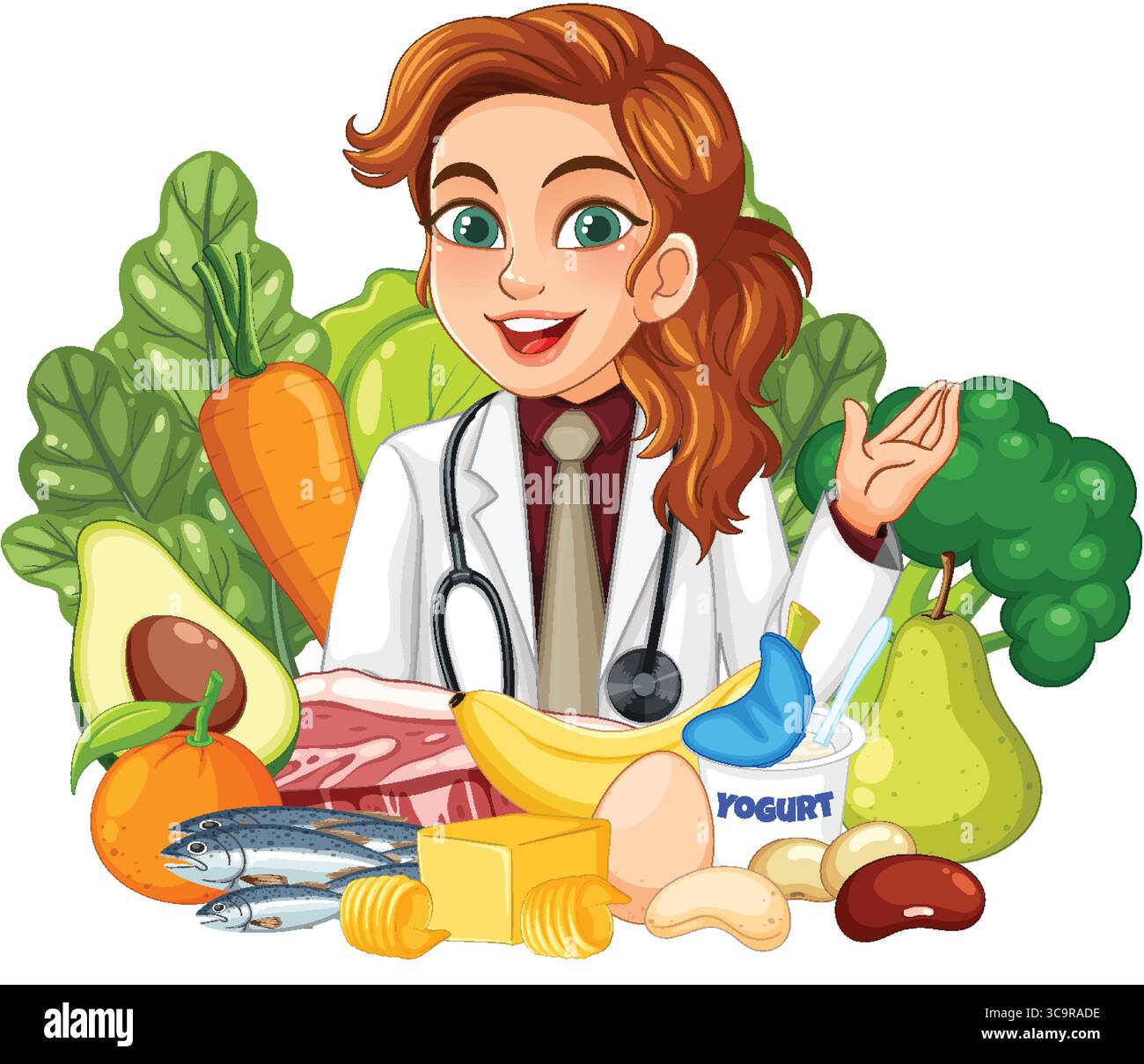 Vector illustration of a smiling nutritionist surrounded by fruits ...