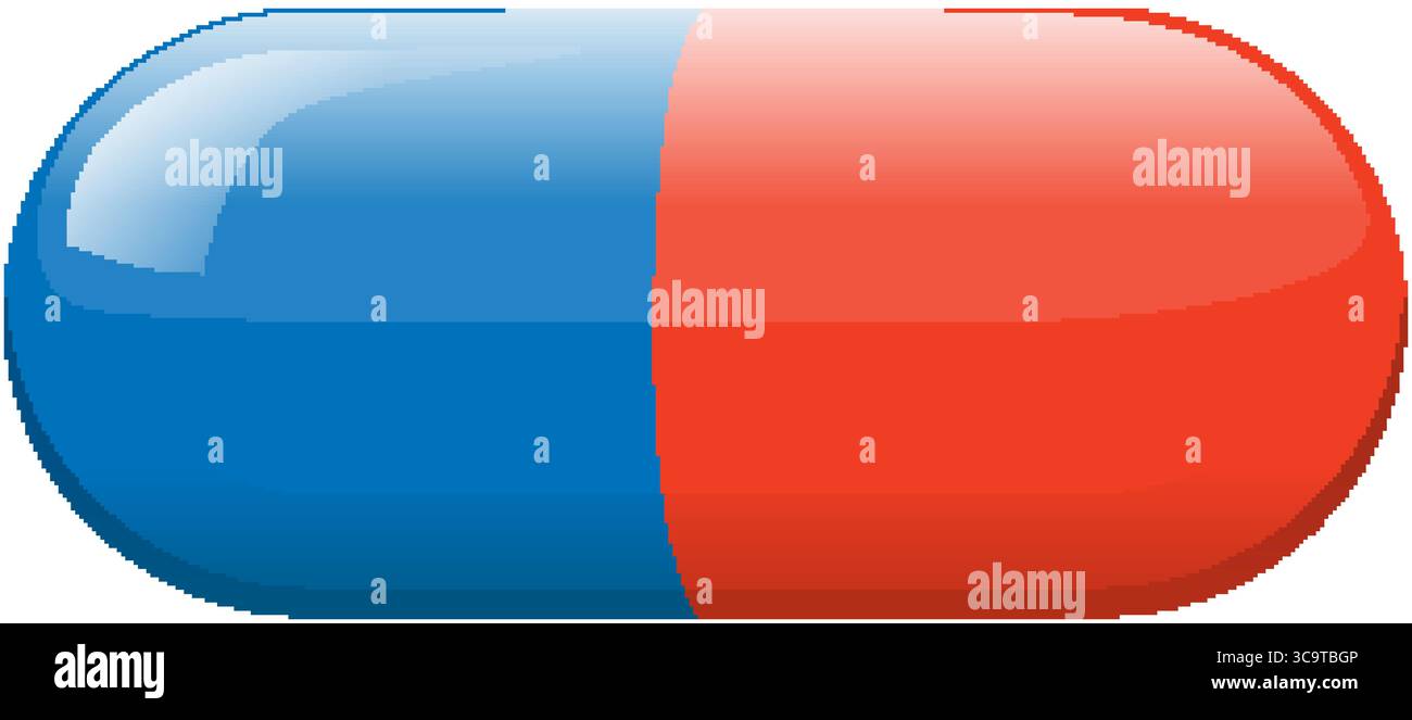 Glossy red and blue capsule pill rendered in flat vector style with ...